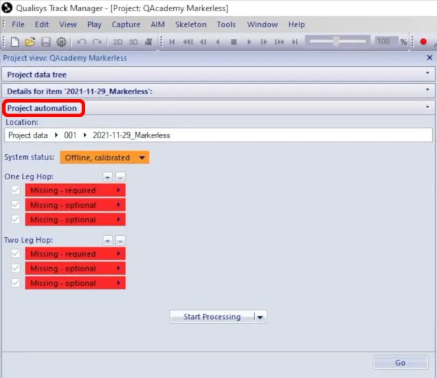 Running the markerless module in QTM
