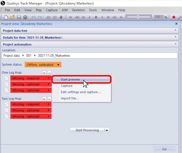 Running the markerless module in QTM