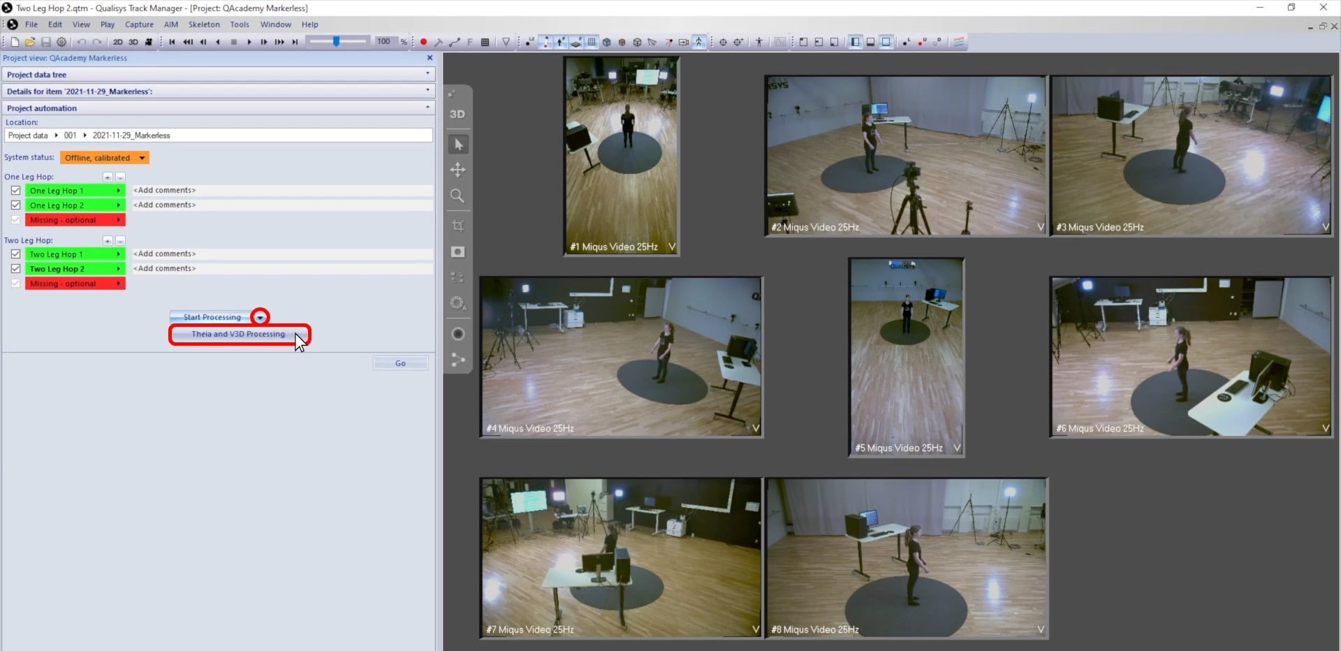 Running the markerless module in QTM