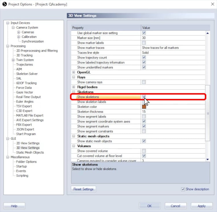 Settings in QTM