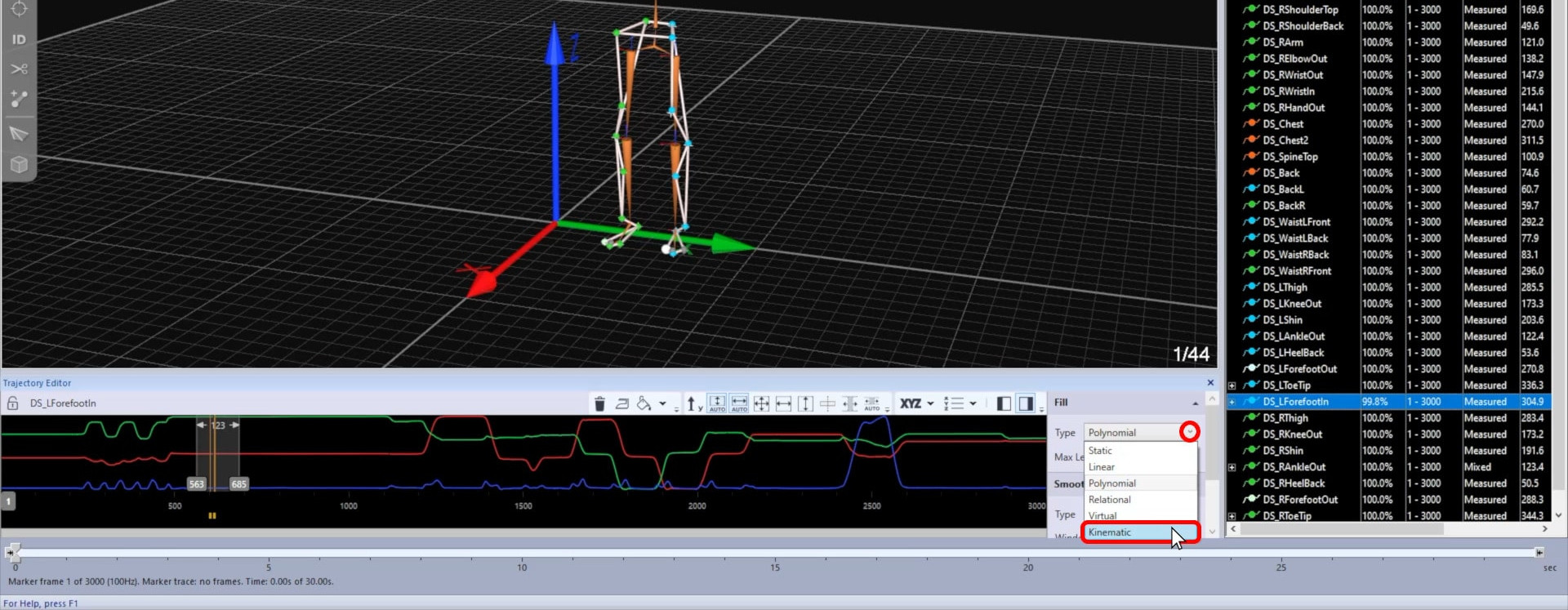 Skeleton data in QTM