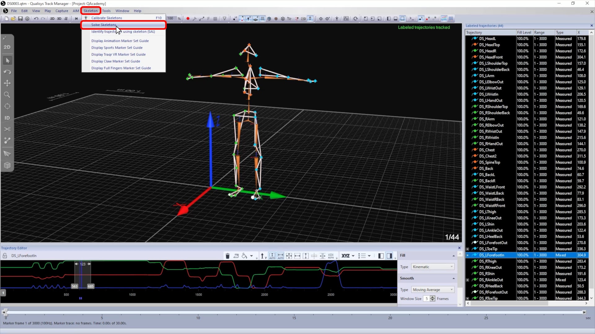 Skeleton data in QTM Skeleton data in QTM