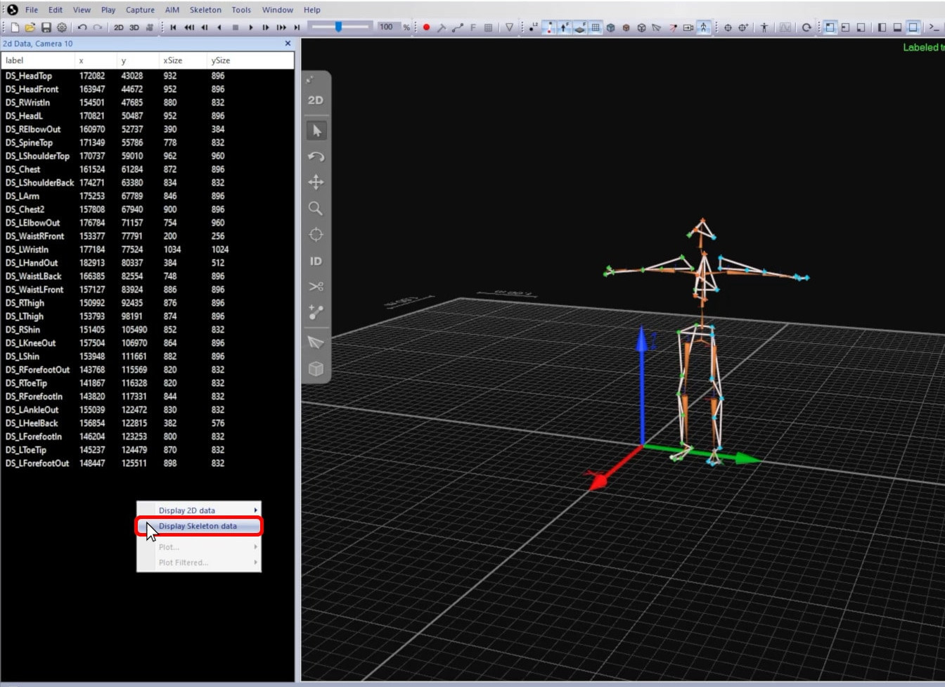 Skeleton data in QTM