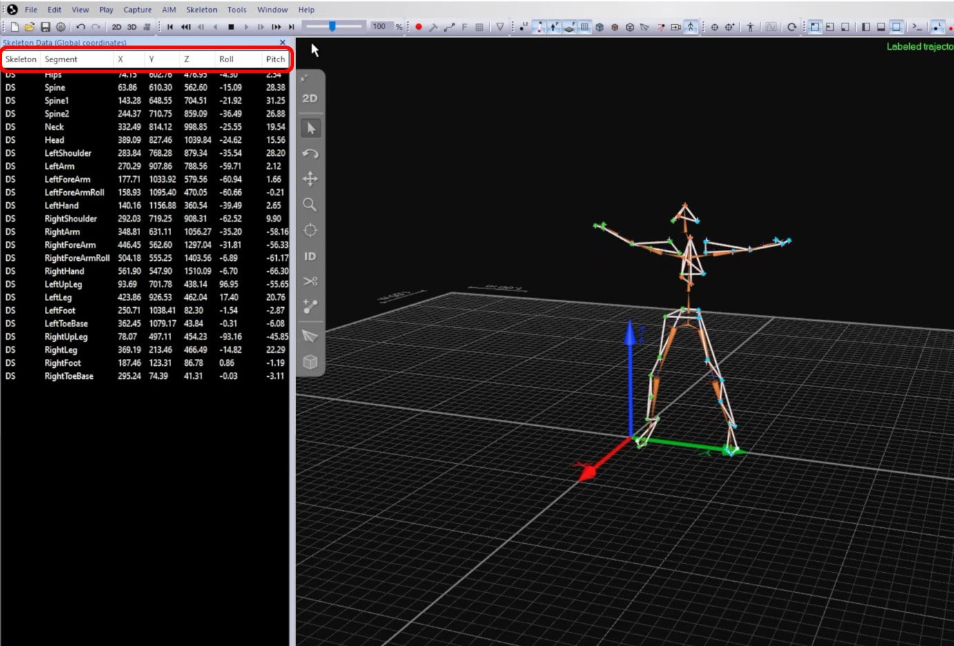 Skeleton data in QTM