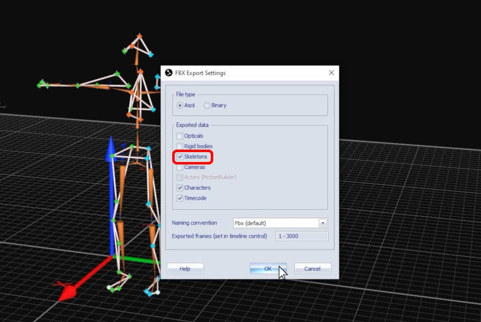 Skeleton data in QTM